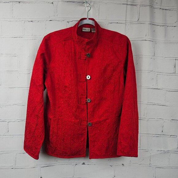 Chico's | Jackets & Coats | Chicos Red Textured Mandarin Collar Button ...